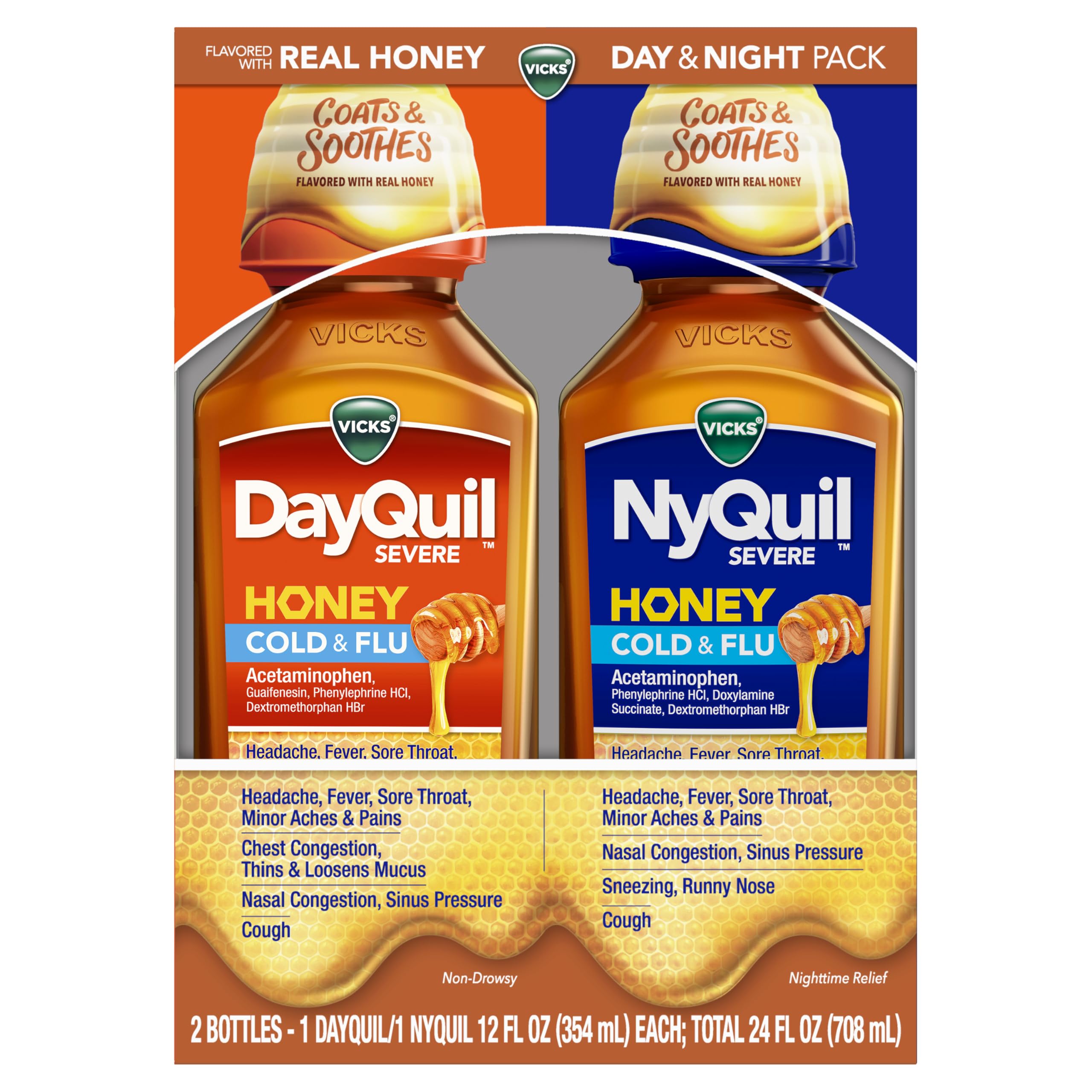VICKS DayQuil & NyQuil SEVERE Honey Flavor Co-Pack, Cold & Flu Medicine ...